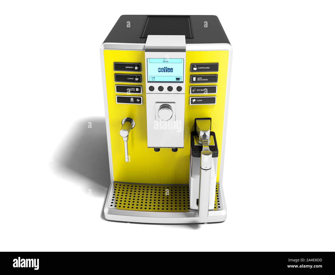 Modern yellow coffee machine with milk dispenser on one cup front view ...