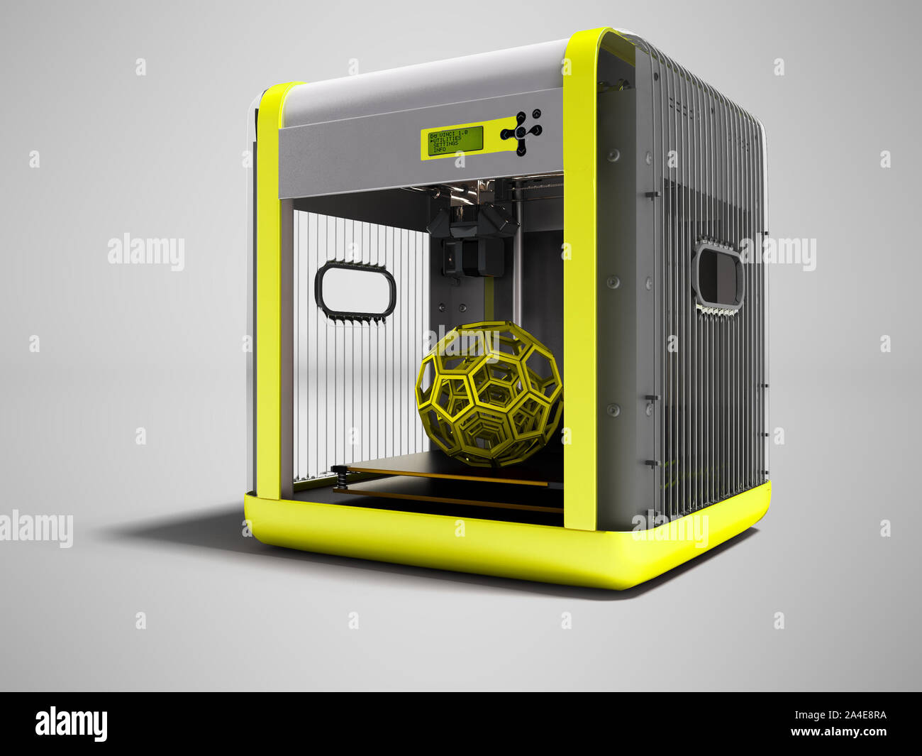 Modern gray 3d printer with yellow geometric figure inside for home use ...