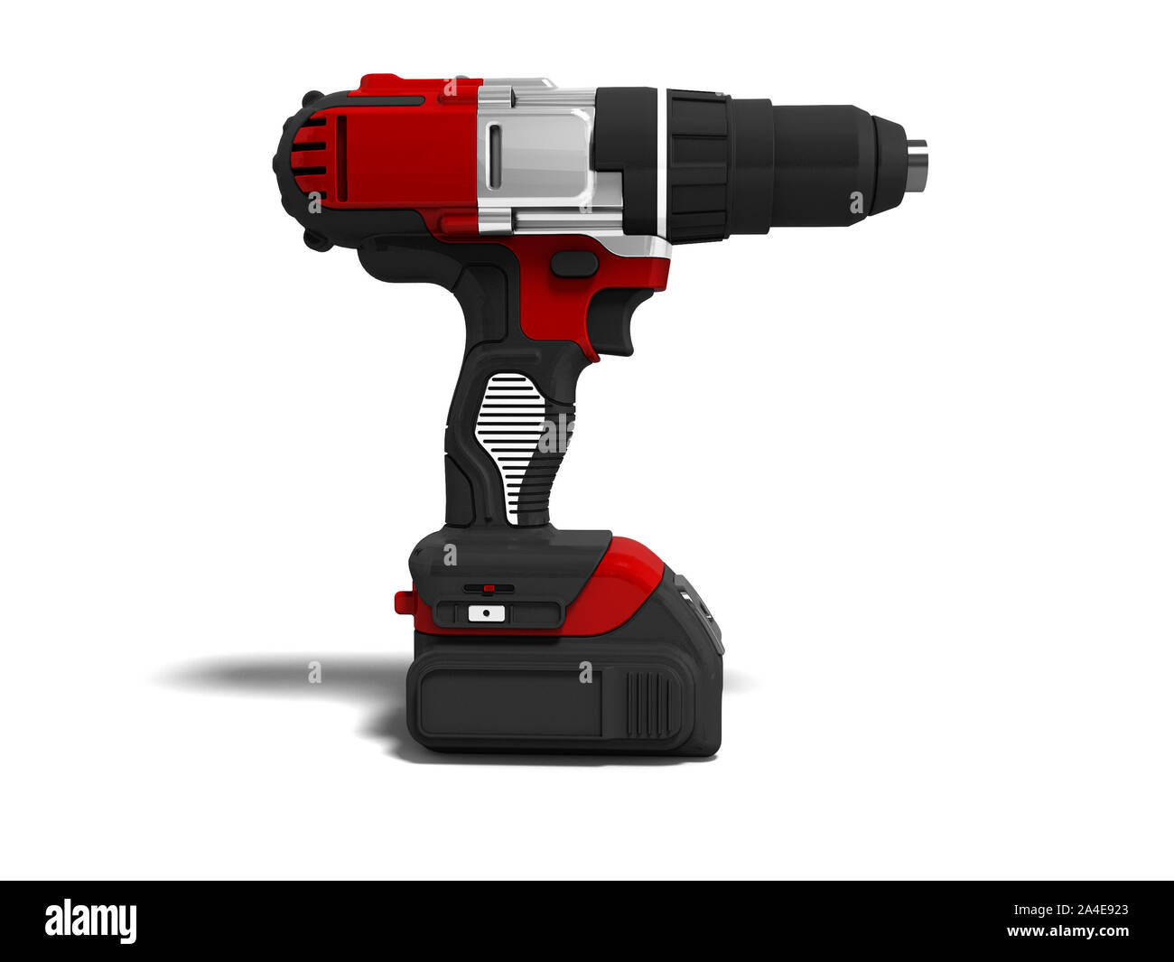 Modern red cordless drill with rechargeable battery side view 3d render ...