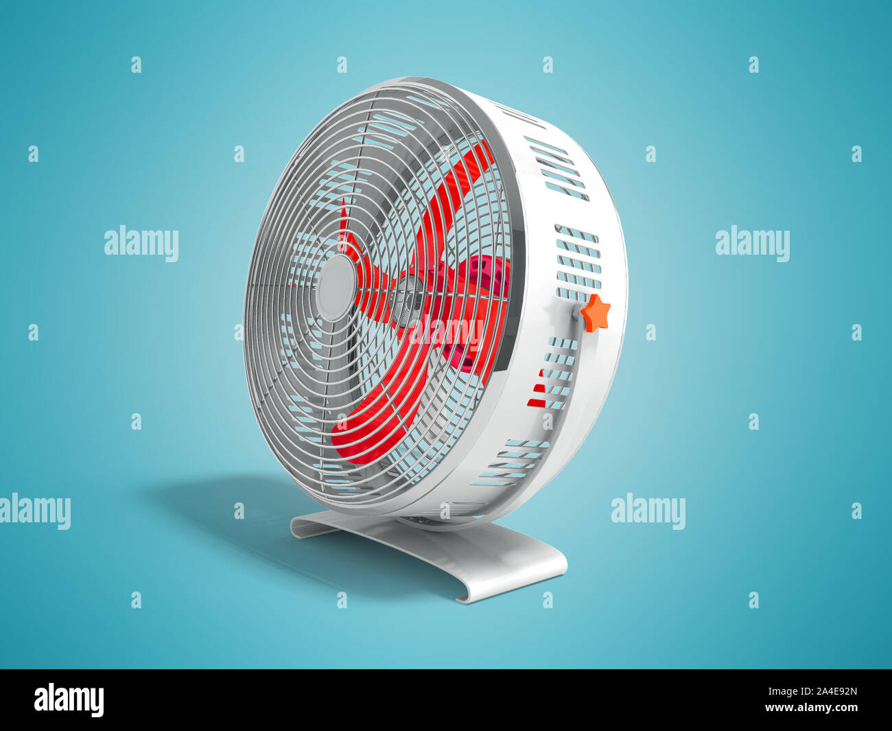 Modern red metal fan for cooling rooms right view 3d render on blue ...