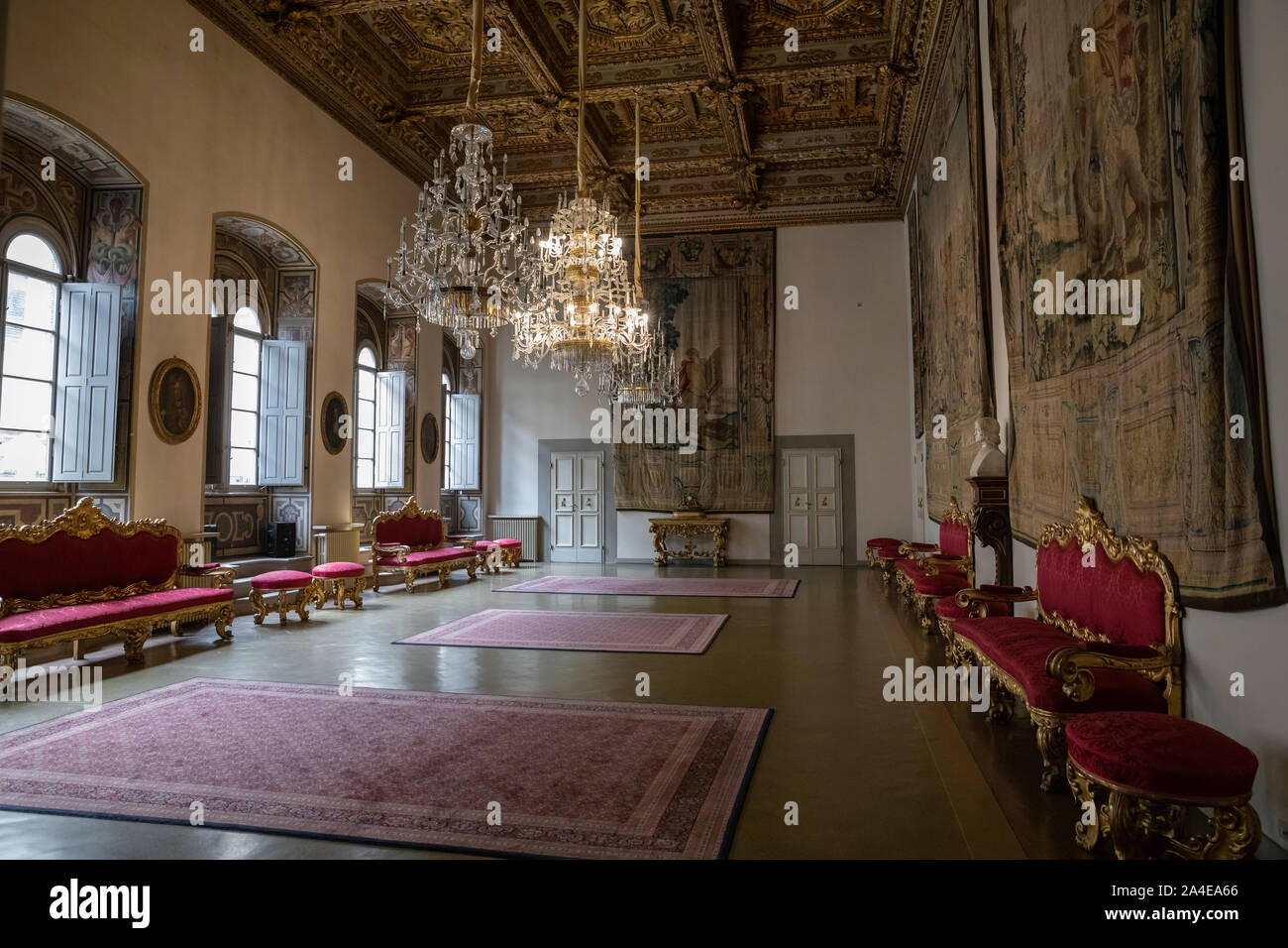 Florence, Italy - June 25, 2018: Panoramic view of interior of Palazzo ...
