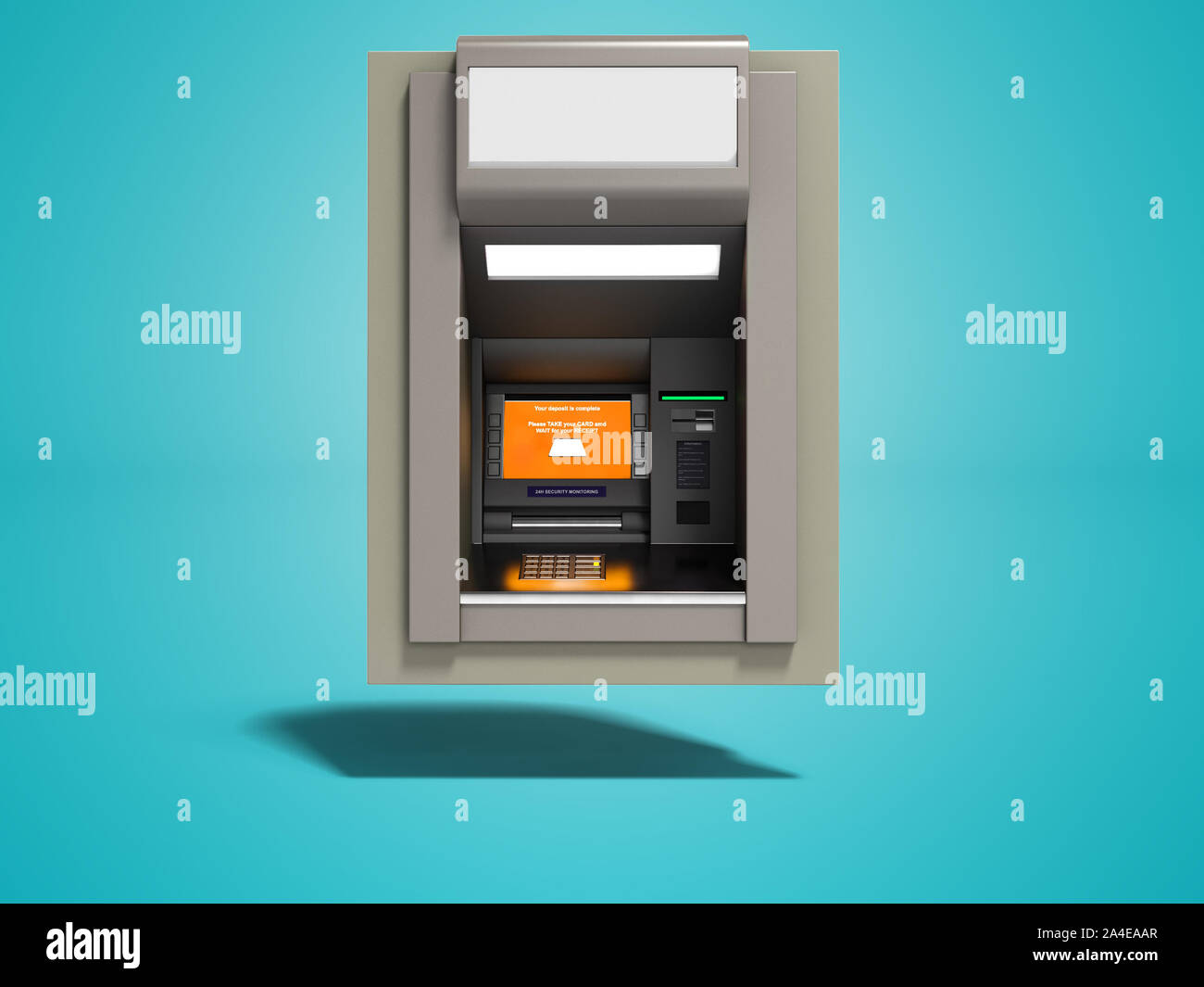 Modern ATM included with orange screen 3d render on blue background ...