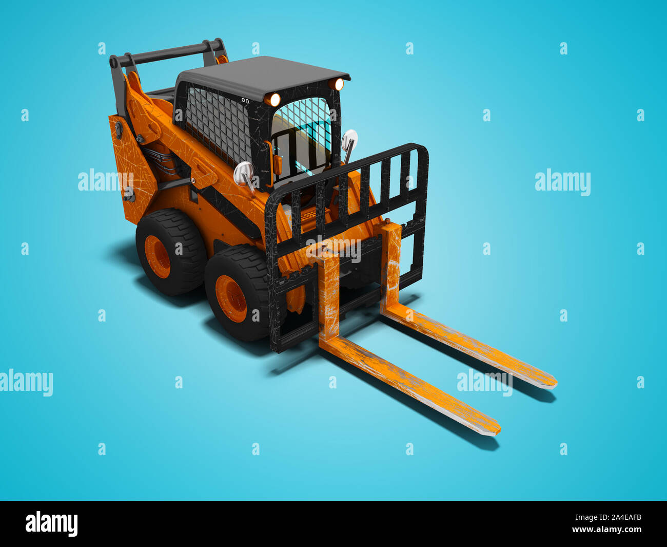 Modern orange forklift loader with scuffs on the case isolated 3d ...