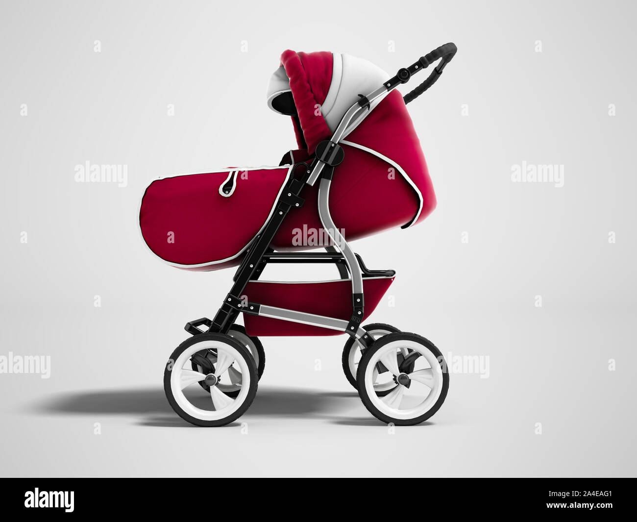 Modern red baby stroller transformer all-season 3d render on gray ...