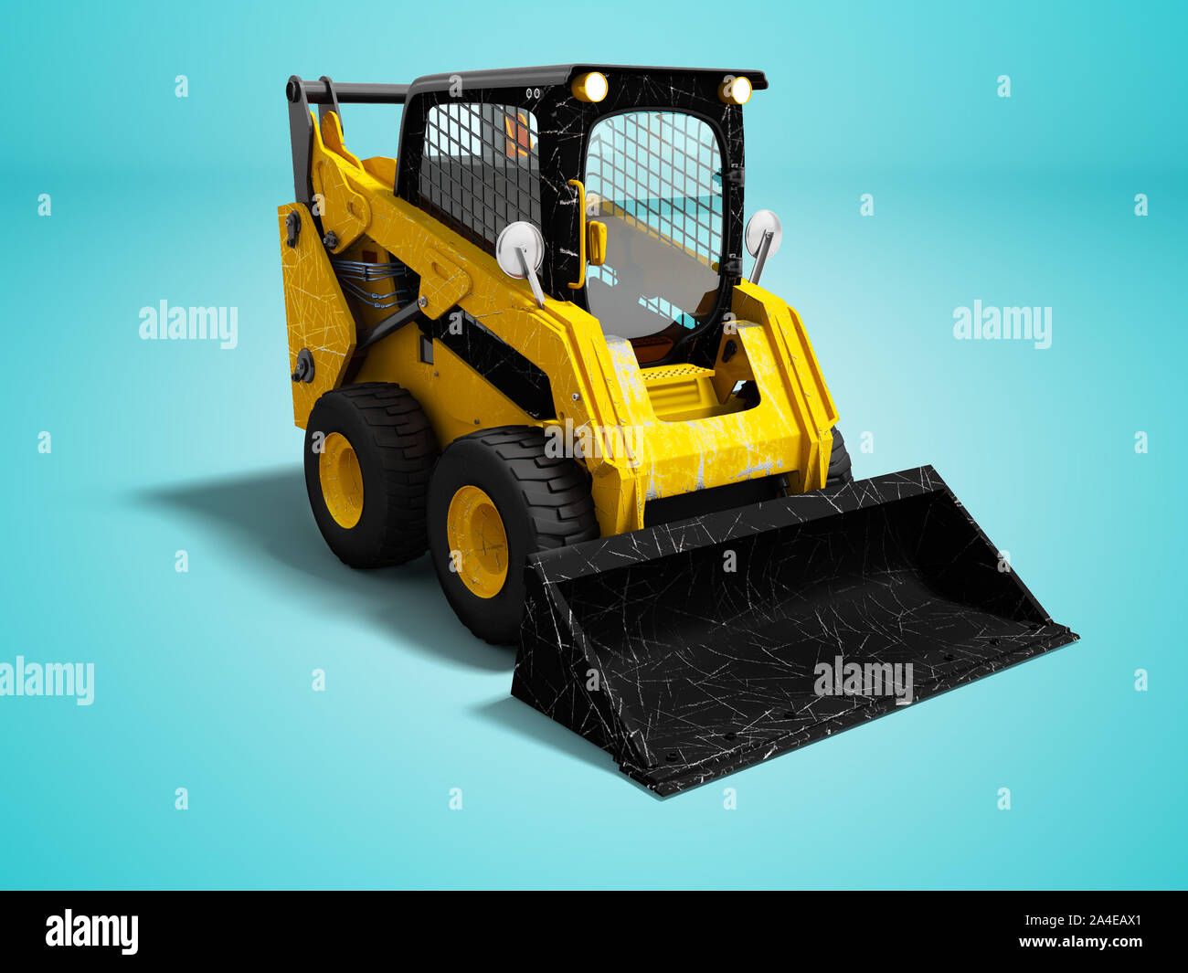 Modern yellow mini loader after loading stone 3d render on blue ...