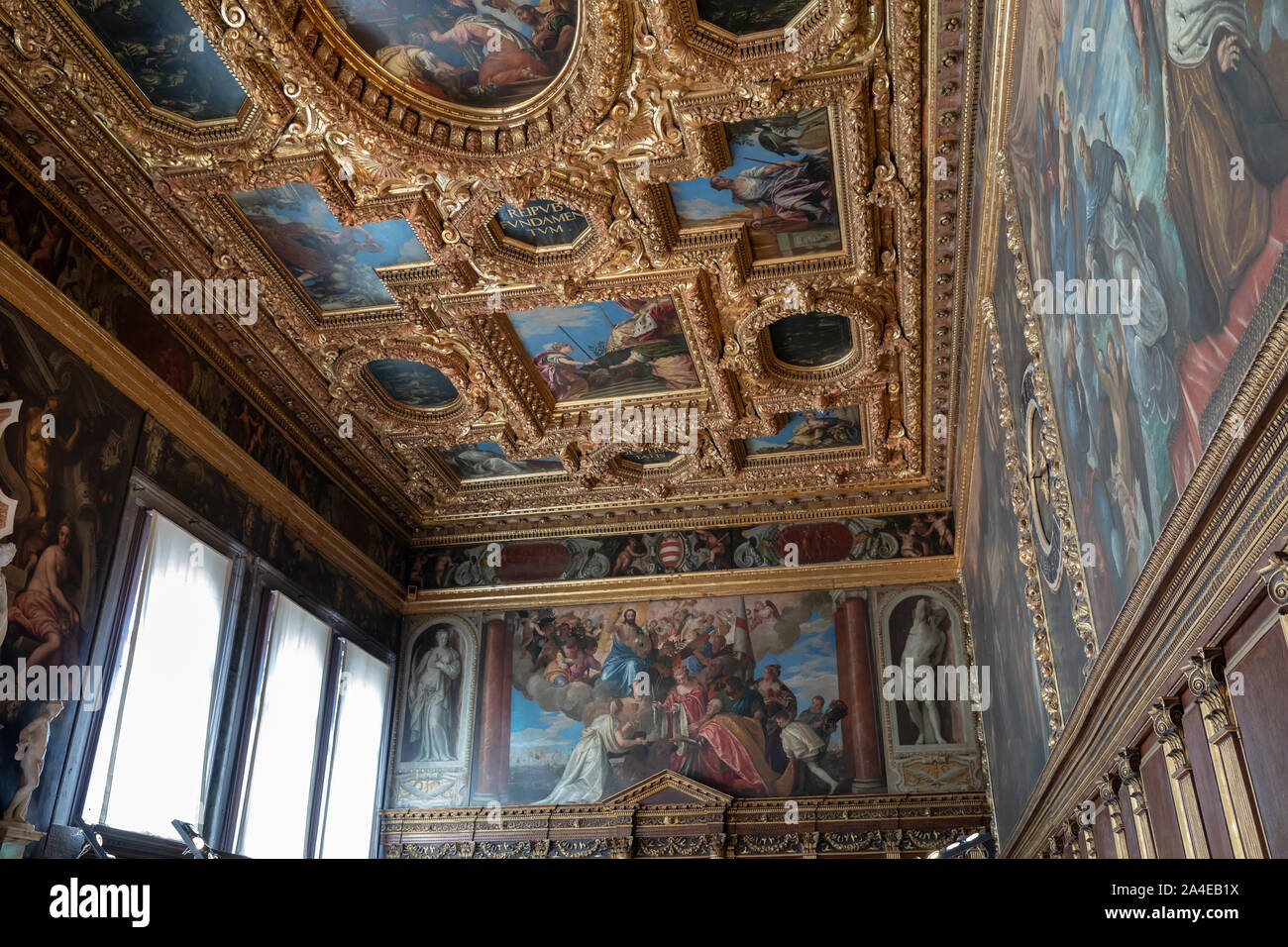 Venice, Italy - June 30, 2018: Panoramic view of hall interior and arts ...