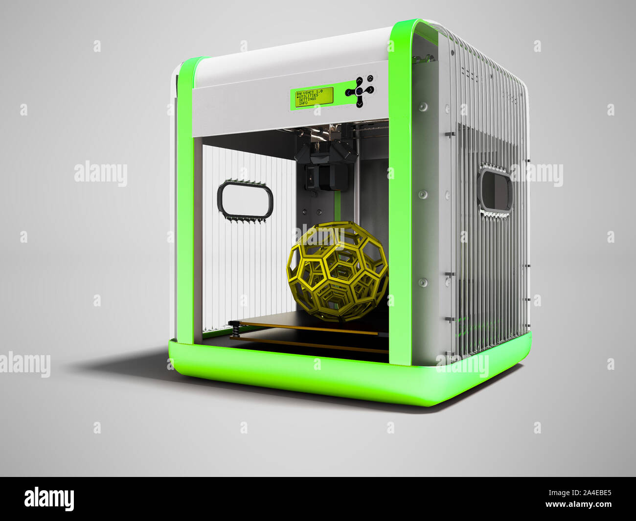 Modern gray 3d printer with green geometric figure inside for home use ...