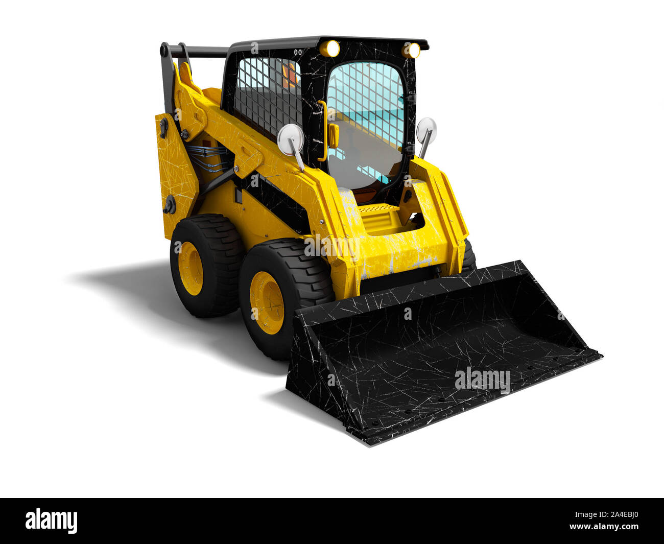 Modern yellow mini loader after loading stone 3d render on white ...
