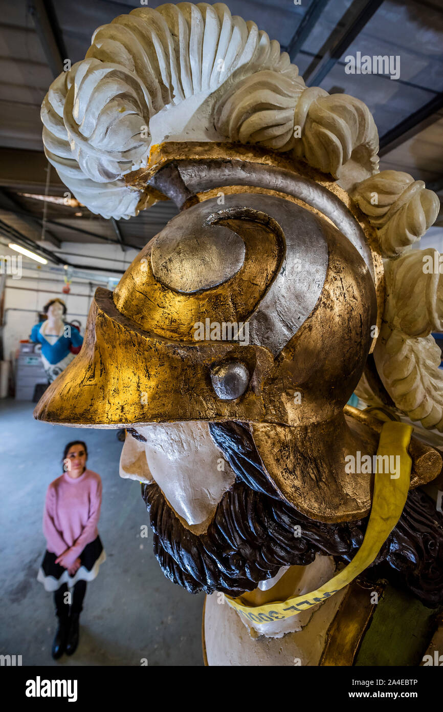 London, UK. 14th Oct, 2019. 14 historical ships figureheads, weighing ...