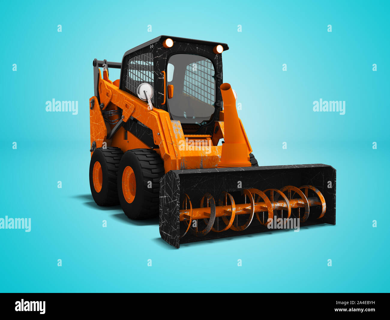 Modern orange loader snow blower with scuffs isolated 3d render on blue ...