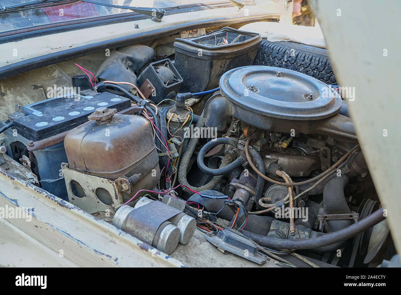 The engine compartment of the car. Old dirty engine Stock Photo - Alamy