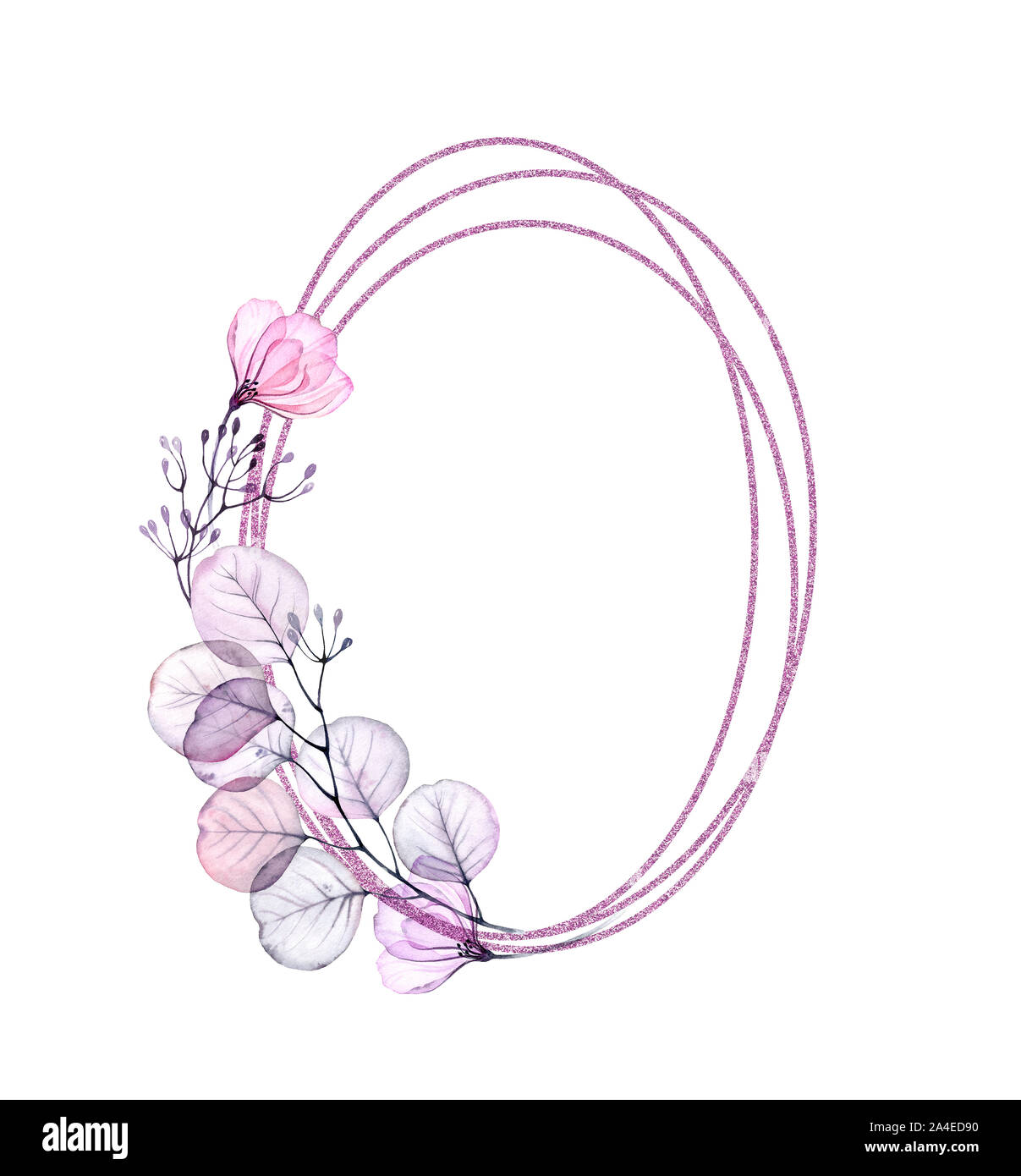 Watercolor Transparent Rose vertical oval frame with purple glitter ...