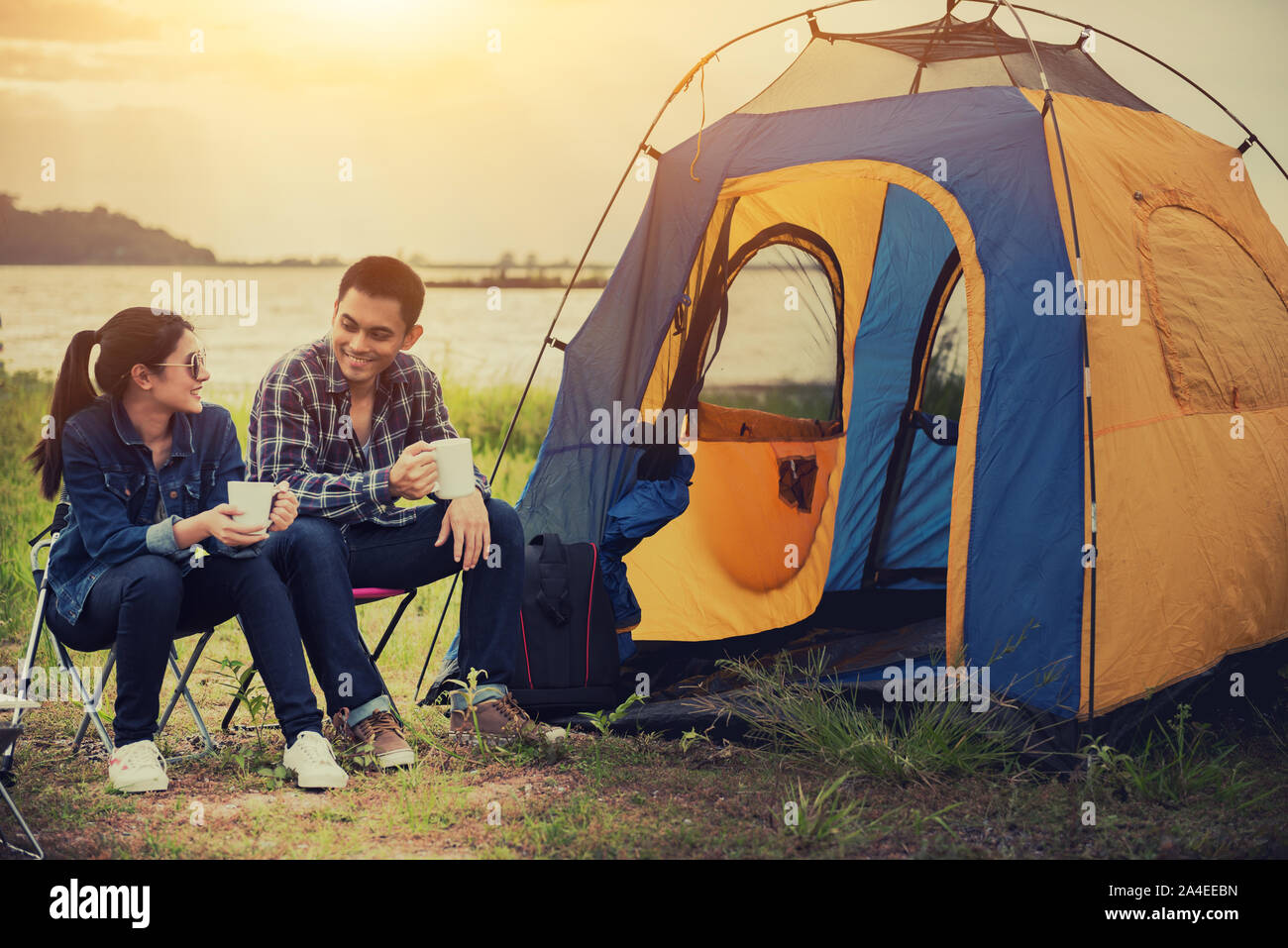 Love couple travel and camping at natural park. Recreation and journey ...