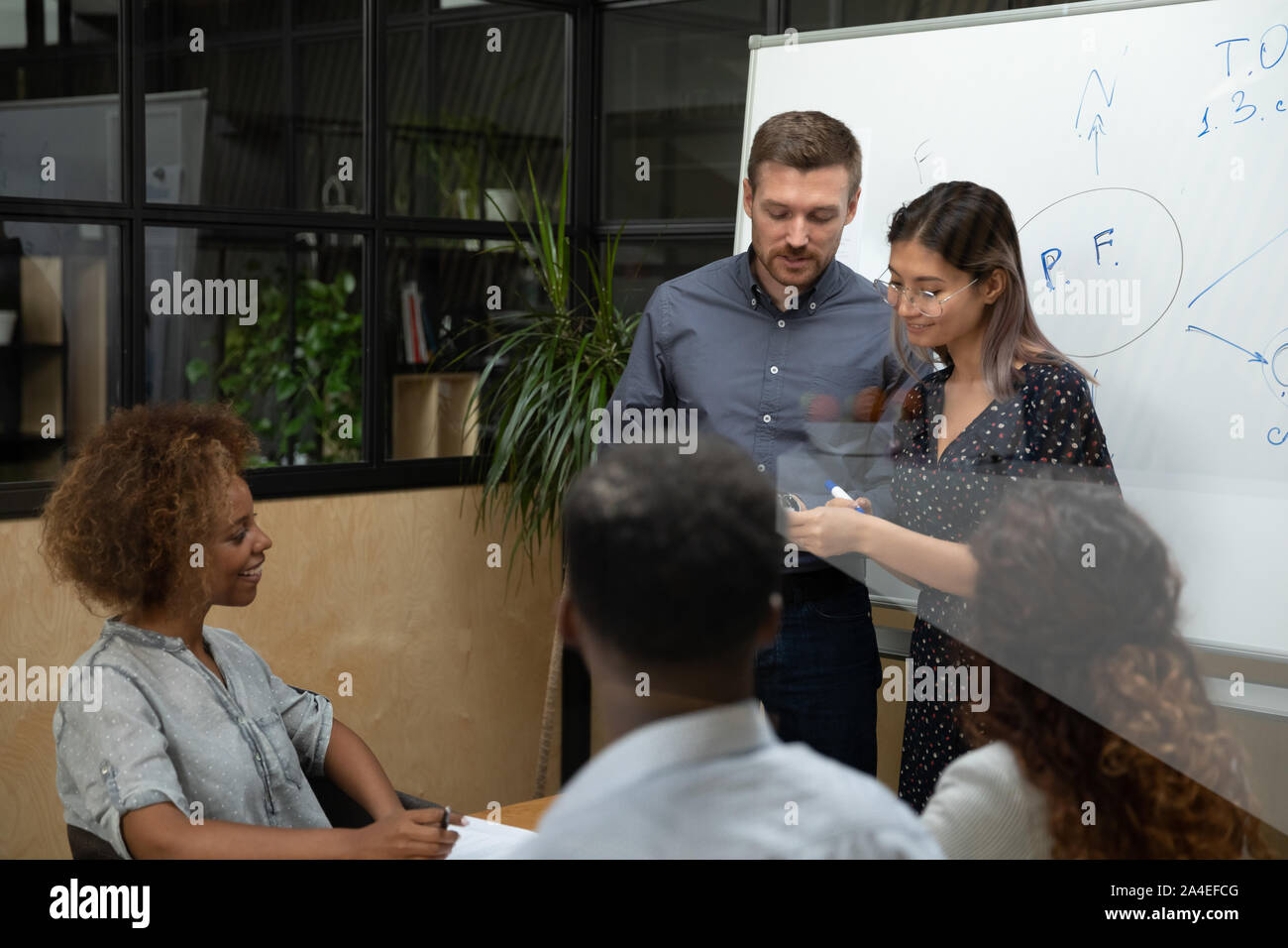 Asian european leaders standing in front of members make presentation ...