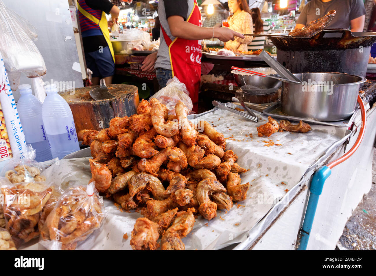 Fried chicken heads on the food market in Chiang Mai, Thailand Stock ...