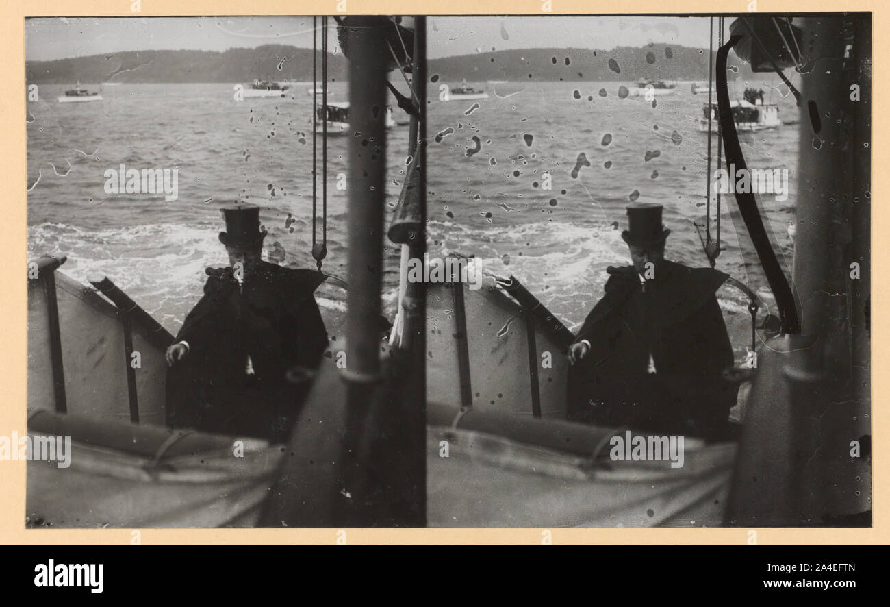 Theodore Roosevelt wearing a tall hat and cape climbs up the steps ...