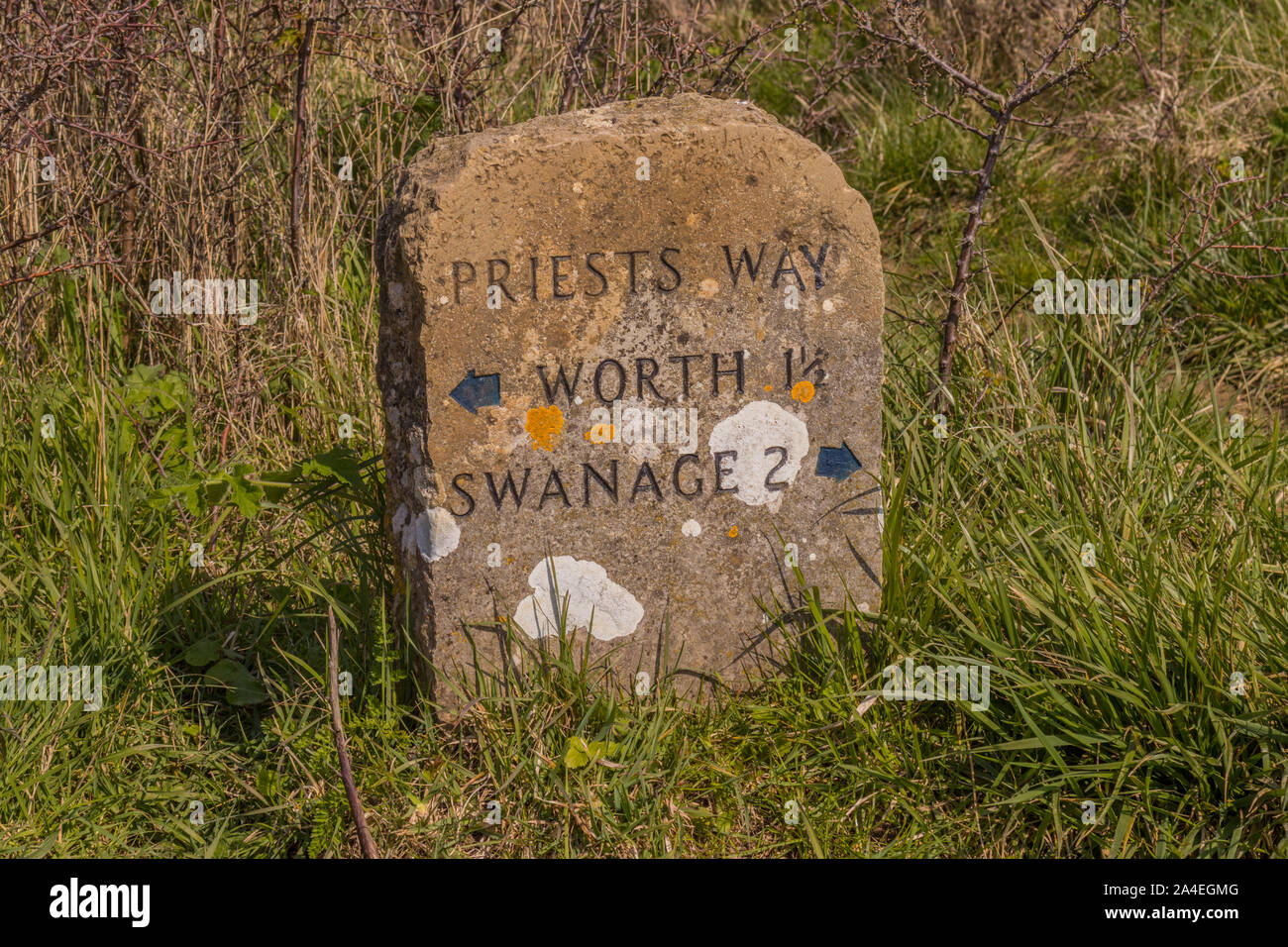 Traditional stone way marker on the Priests Way near Langton Matravers ...