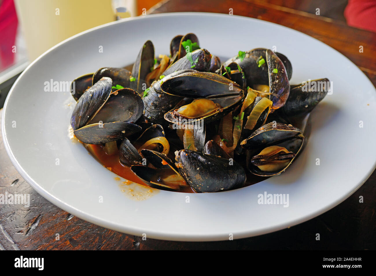 Plate of mussels in the shell cooked in tomato sauce Stock Photo - Alamy