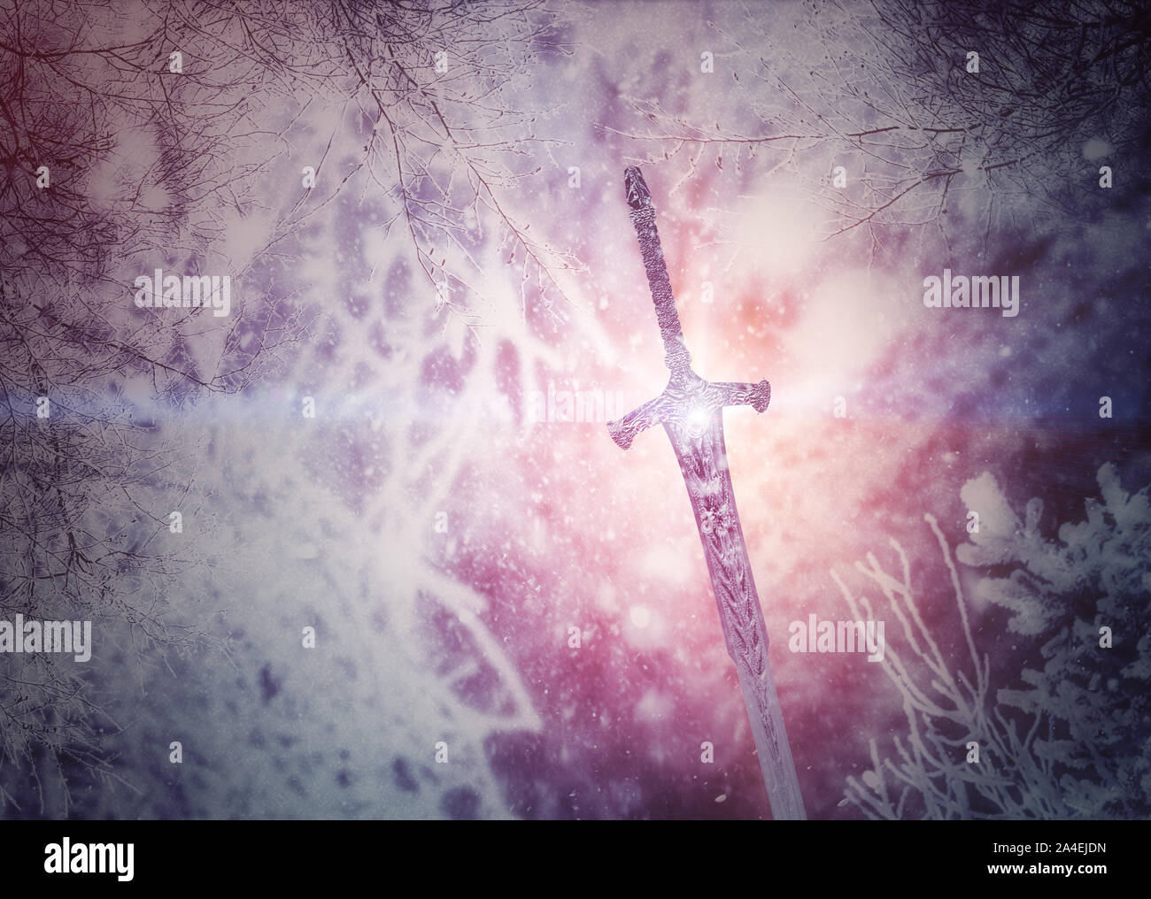 Medieval weapon 3d rendered sword surrounded by the falling snow ...