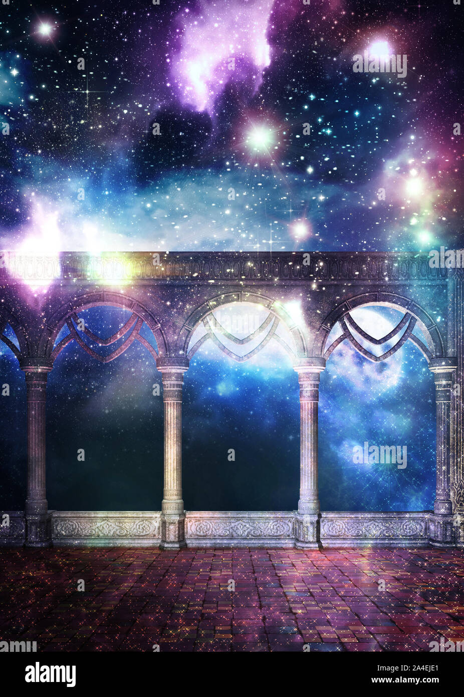 Mysterious ancient hall with starry galaxy texture and full moon, 3d ...