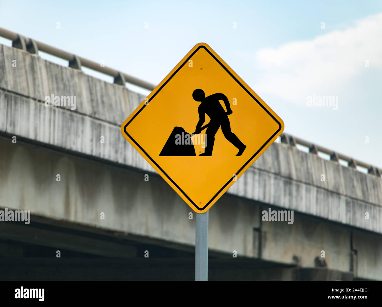 Road sign informs about road work. Warning of reconstruction of the ...
