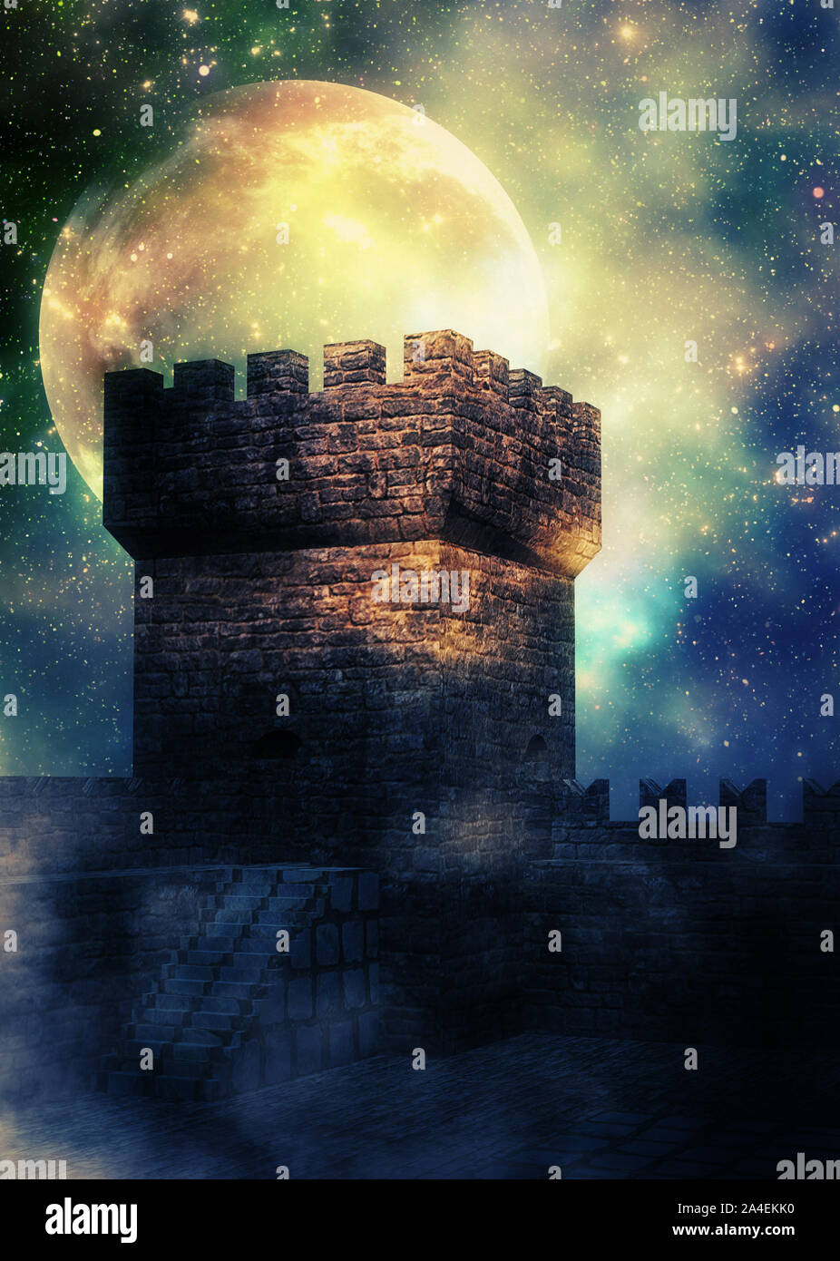 Digital rendered medieval fortress over night, starry sky background ...