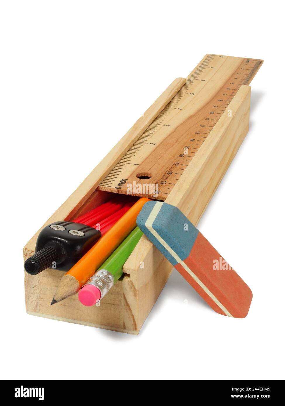 Wooden pencil box on white background Stock Photo - Alamy