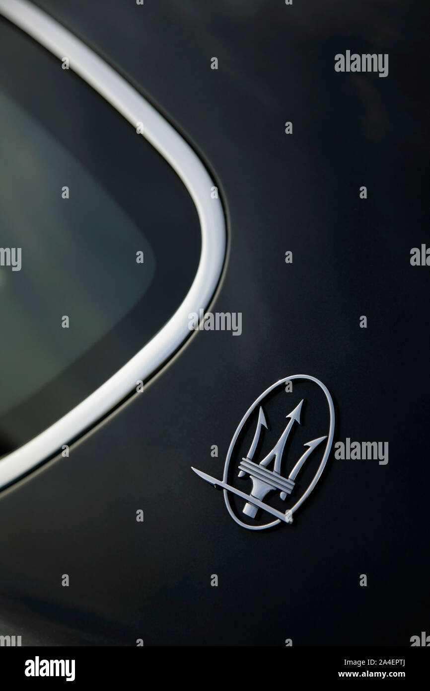 Trident symbol on side of Maserati GranTurismo sportscar Stock Photo ...