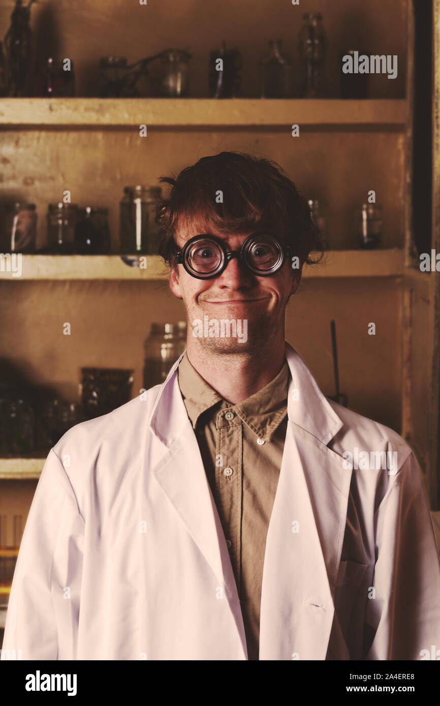 Crazy scientist in his creepy laboratory Stock Photo - Alamy