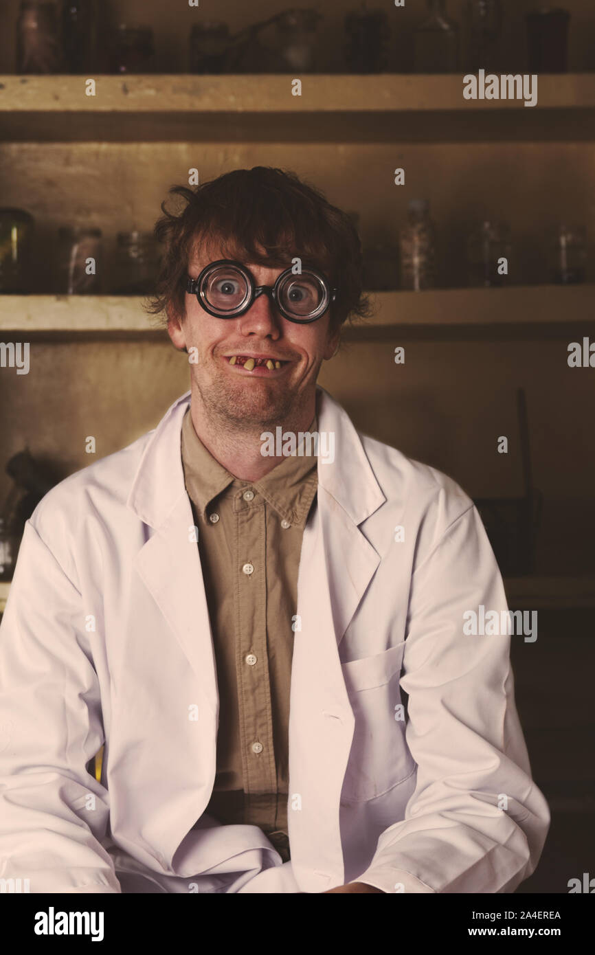 Crazy scientist in his creepy laboratory Stock Photo - Alamy