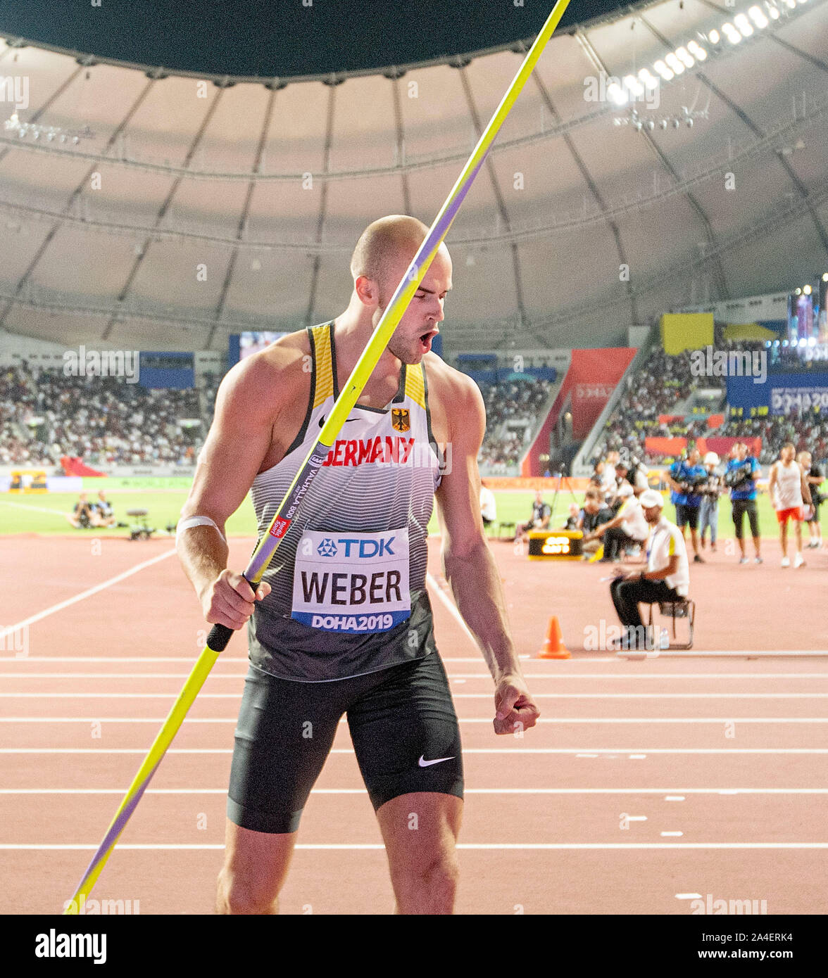 Julian WEBER (Germany/6th place) fires at men's final javelin throw, on ...