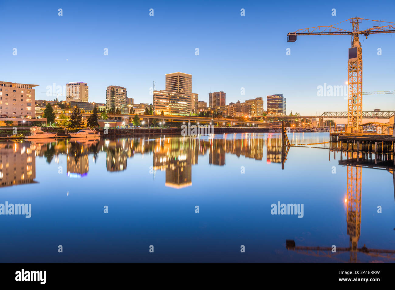 Tacoma, Washington, USA downtown skyline at dusk on Commencement Bay ...