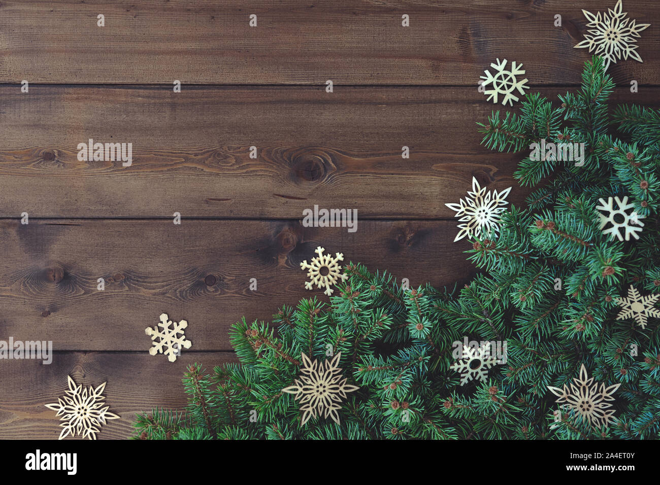 Rustic Natural Christmas background with border of fluffy green fir ...