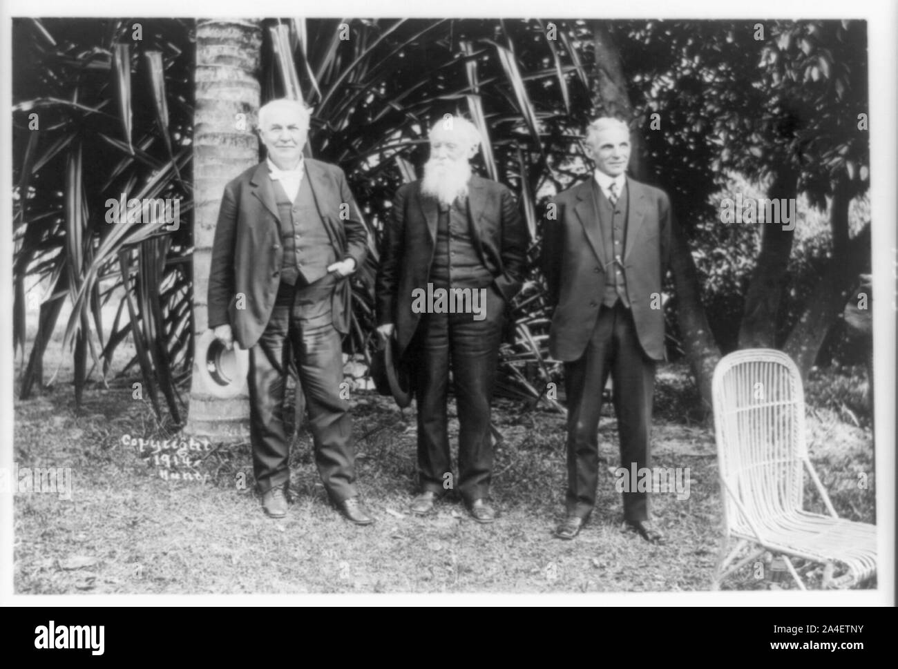 Thomas Edison, John Burroughs, and Henry Ford posed standing, full ...