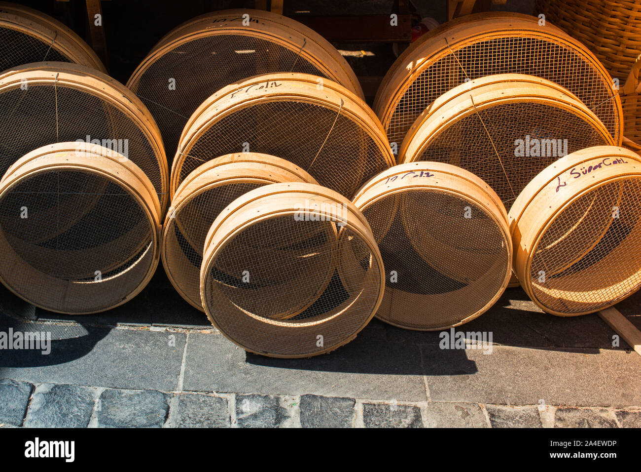 Traditional type sieves made of wood Stock Photo - Alamy