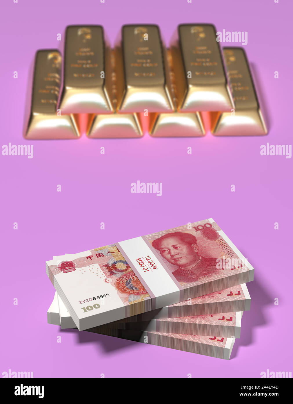 Chinese Yuan banknotes and a gold bar background - 3D Rendering Stock ...