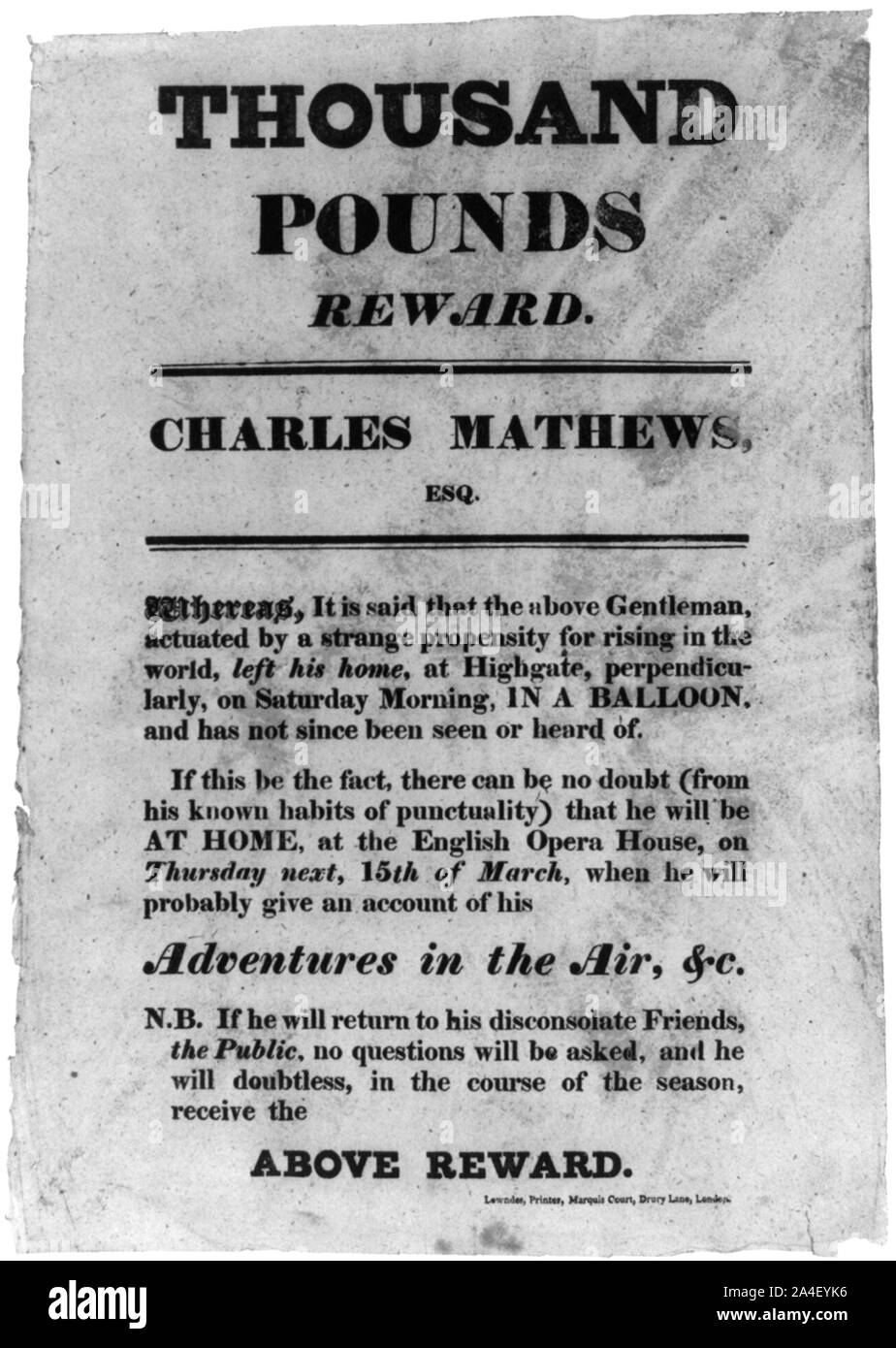Thousand pounds reward. Charles Mathews, Esq Stock Photo - Alamy