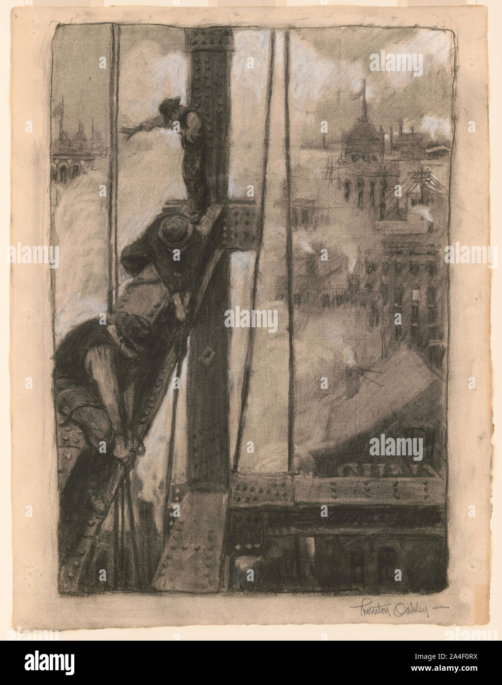 Three ironworkers on girder with steam and rooftops in background, New ...