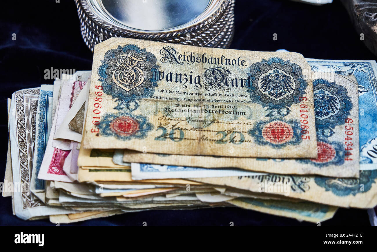 Stack of historical banknotes withGerman banknote from the year 1910 ...