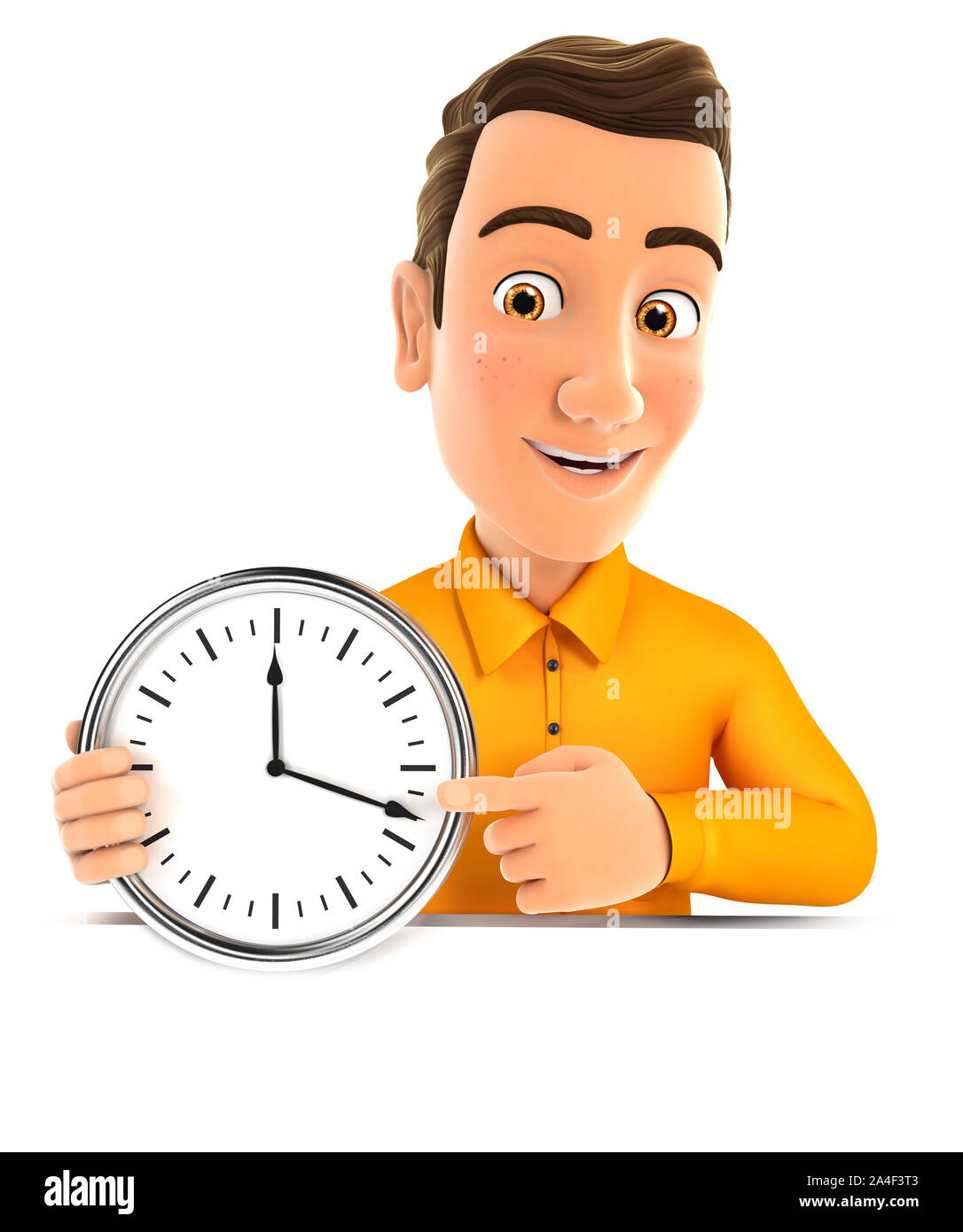 3d man pointing on a wall clock, illustration with isolated white ...