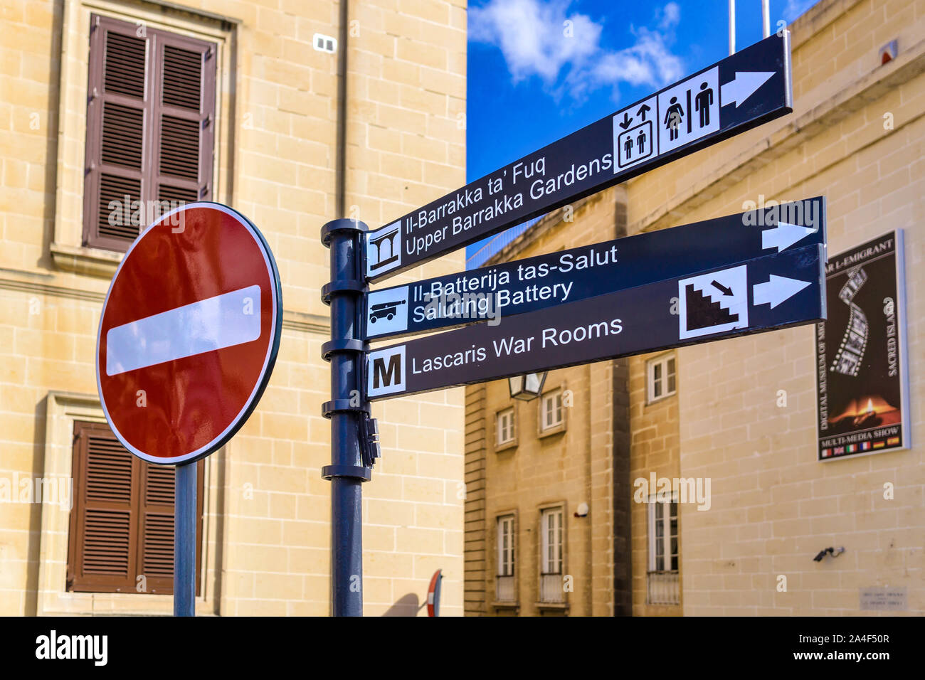 Malta, Valletta: No entry road sign and information signs giving ...