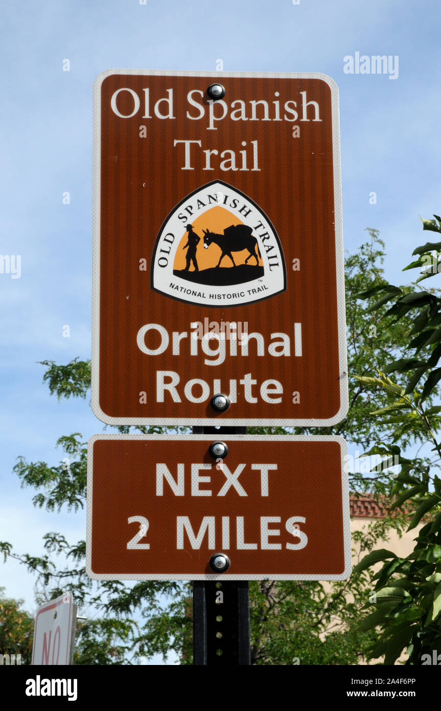 Sign post in Santa F, New Mexico, showing part of the route of the Old ...