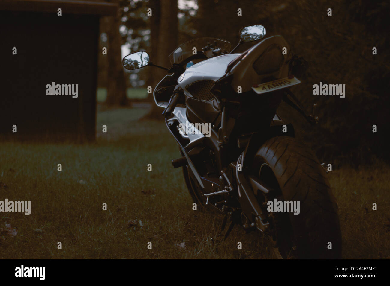 Rear view of a super sport motorcycle in woods Stock Photo - Alamy