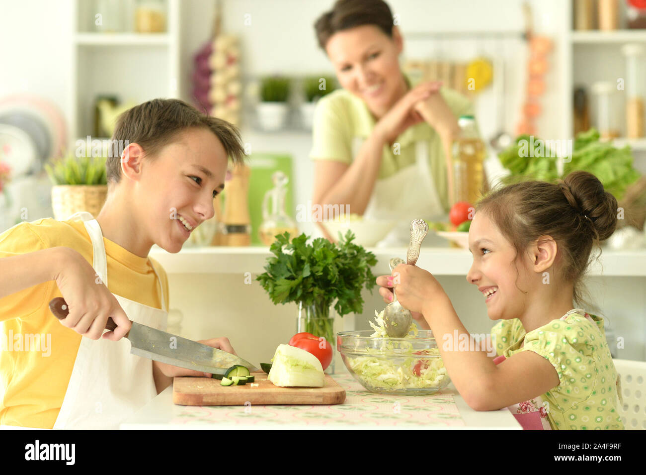 Cute brother and sister cooking together in kitchen Stock Photo - Alamy
