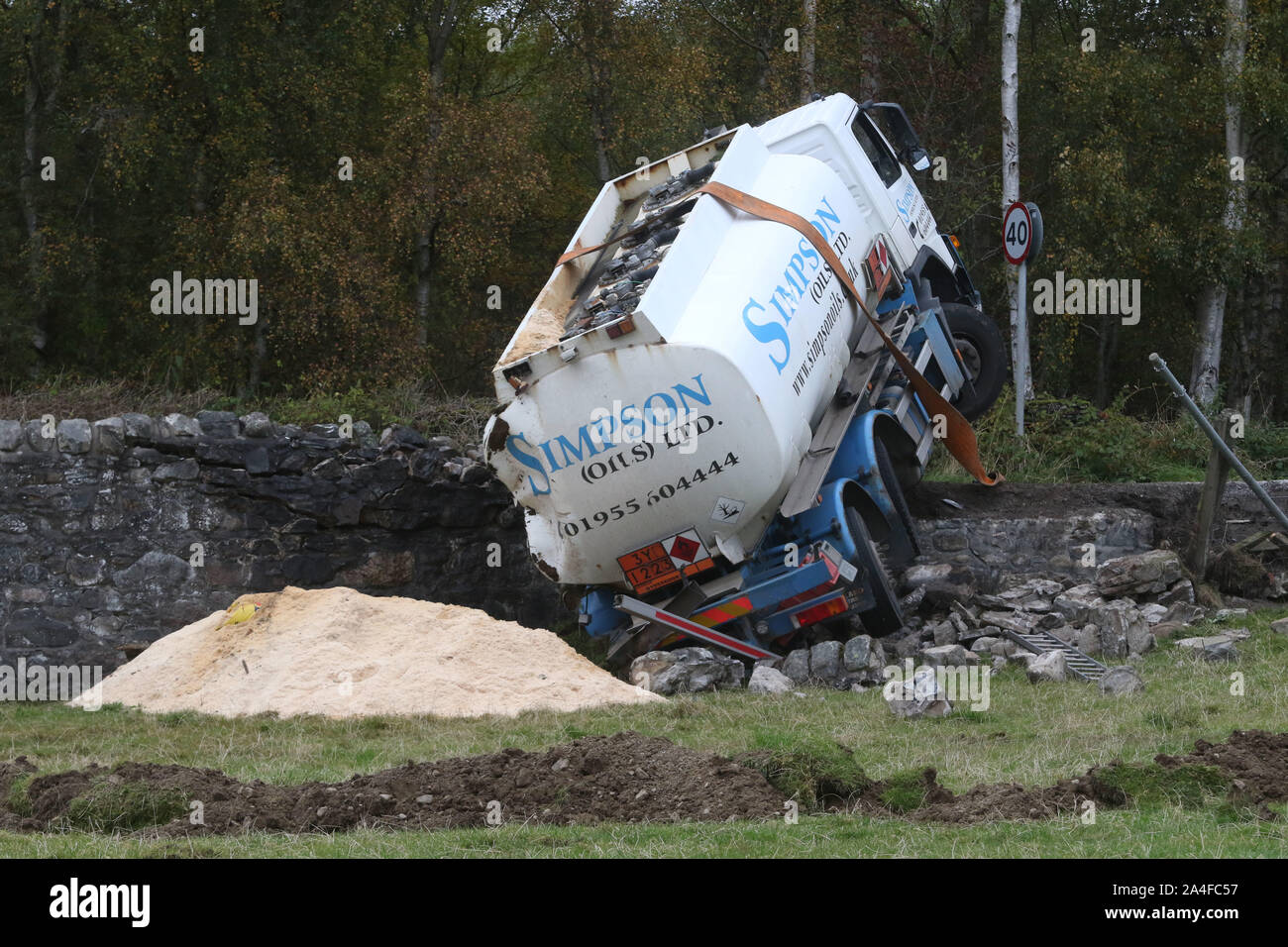 Inverness, UK, 14 October 2019. Scene of an RTC involving a fuel tanker ...