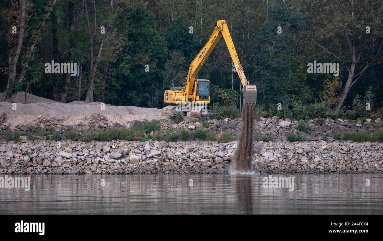 Nagybajcs, Hungary 09.18.2019 Komatsu excavators are working along the ...