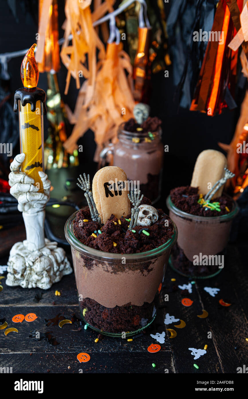 Scary dessert for Hallowen made from chocolate cake and chocolate ...