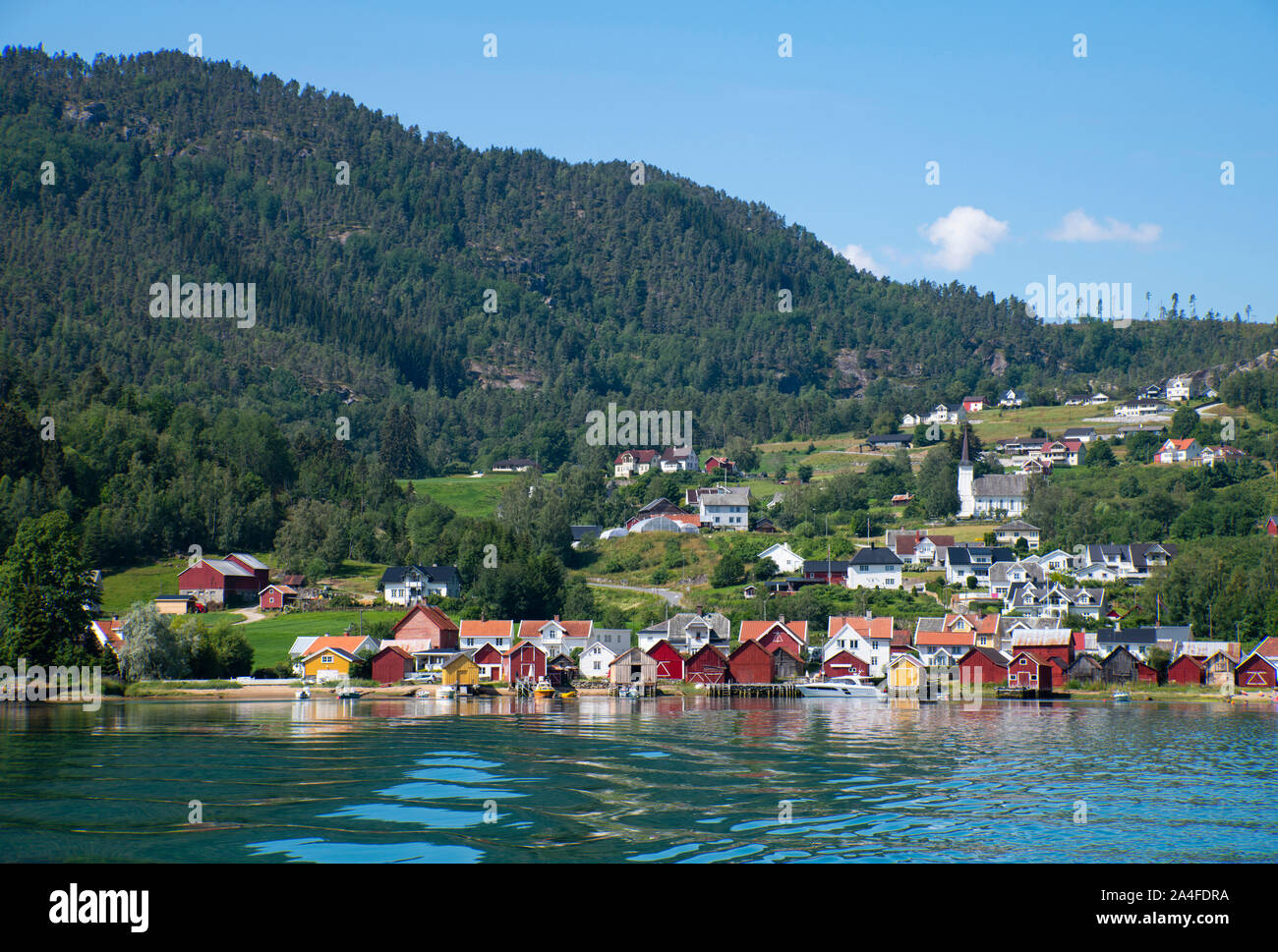 The view from a ferry of colourful timber buildings on the waterfront ...