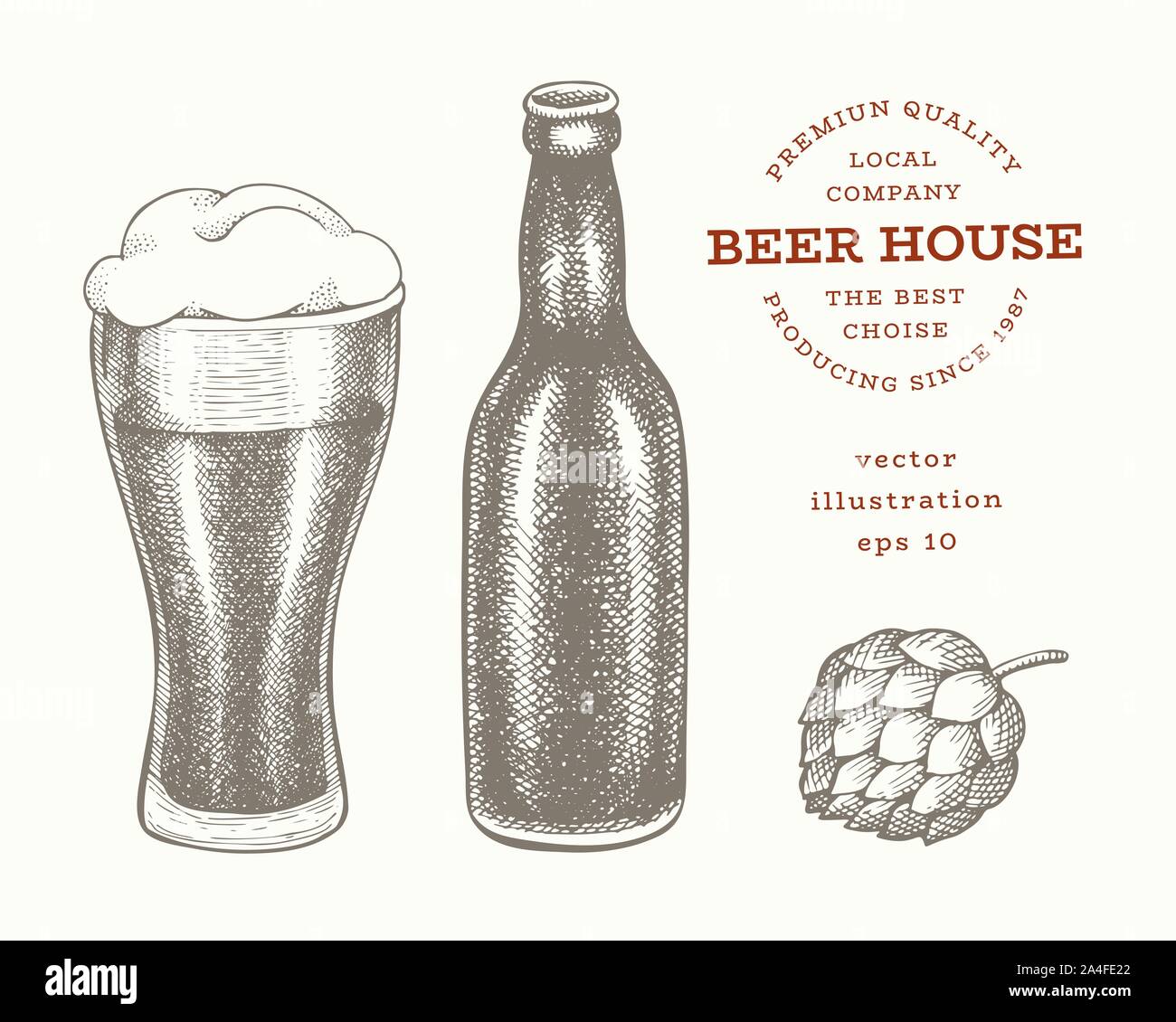 Beer bottle, glass and hop illustration. Hand drawn vector pub beverage ...