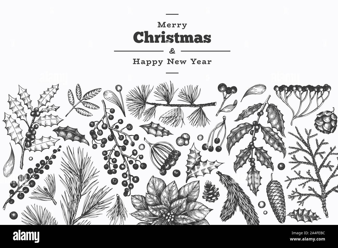 Christmas hand drawn vector greeting card template. Botanical design ...